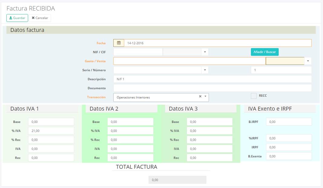 Para introducir la factura deberemos decumplimentar los datos de factura.